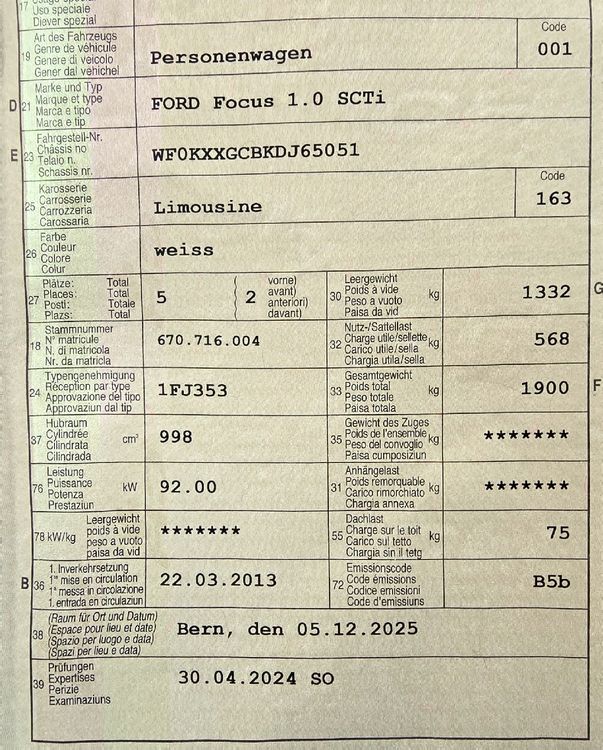 Ford Focus 1.0 (Gebraucht) in Bern für CHF 1 – nur Abholung auf Ricardo ...