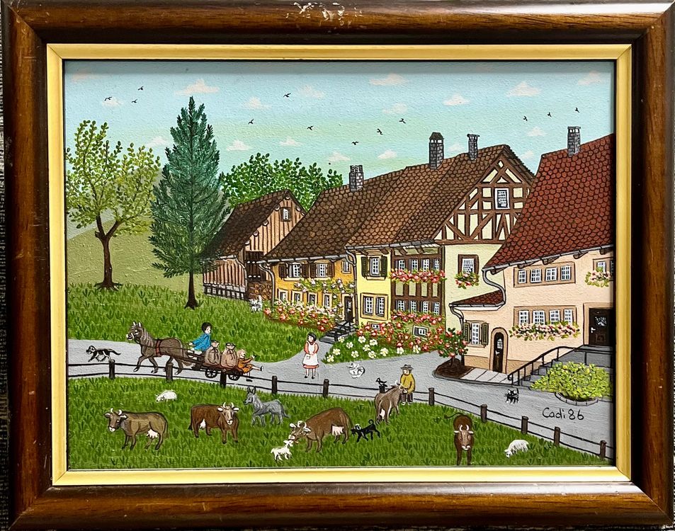 80.er Jahre Bauernhof Szene Gemälde mit Kuhen, Sig:Cadi | Kaufen auf ...