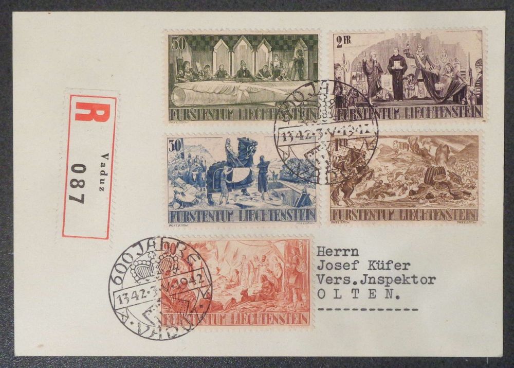 LIECHTENSTEIN 1942: Montforter Teilung, R-Karte Vaduz–Olten (Gebraucht) in Zürich für CHF 8.5 ...