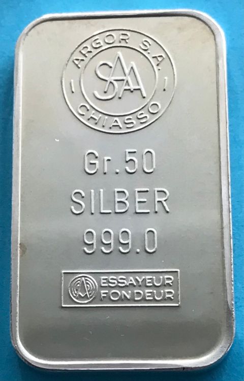 schöner 50 Gramm Silberbarren 999.0 Silber ARGOR SA.,Chiasso (Gebraucht ...