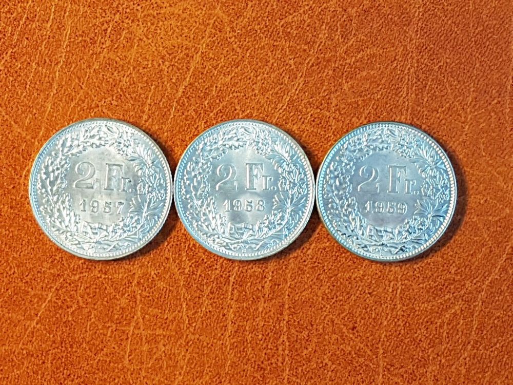 2 Franken 1957, 1958 und 1959 kaum zirkuliert / 3 Stück (Neu (gemäss Beschreibung)) in Worb für ...