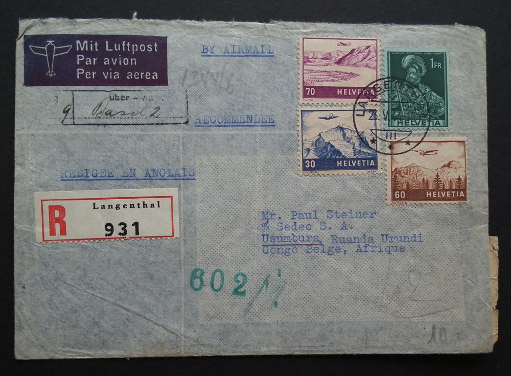 1944 Luftpostbrief "Zensur" von Langenthal nach Ruanda | Kaufen auf Ricardo