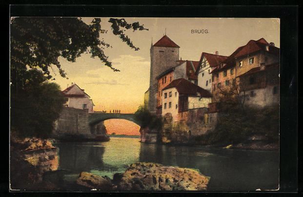 Brugg, Flusspartie mit Häusern im Abend | Kaufen auf Ricardo