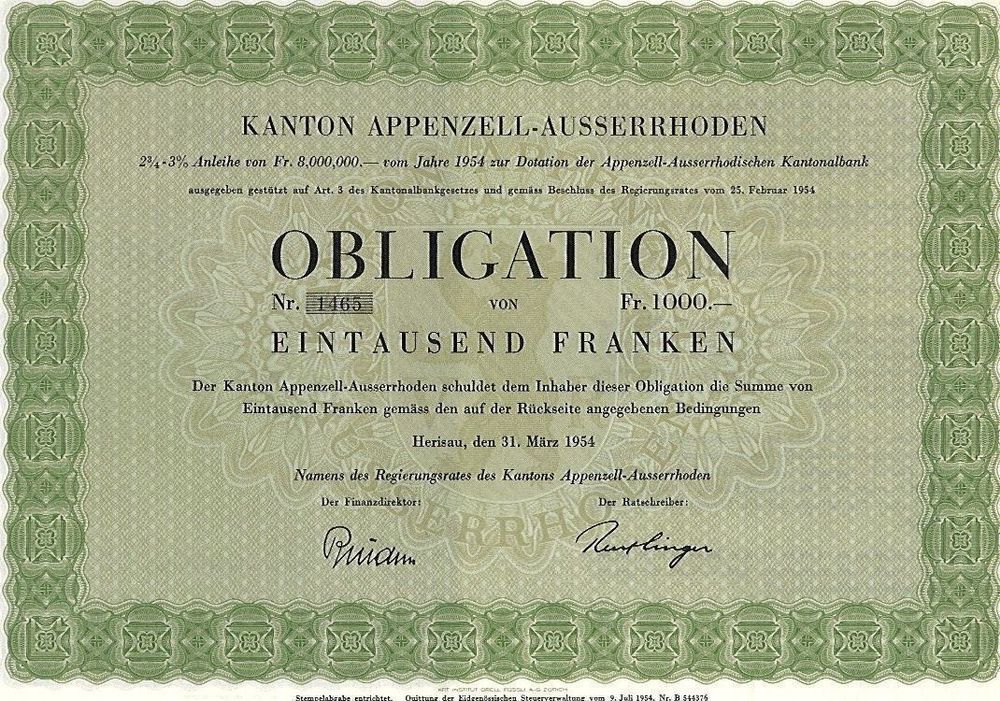 Appenzell AR Obli. nominal 1000 Fr 1954 (Gebraucht) in Aeugst am Albis für CHF 4 – mit Lieferung ...