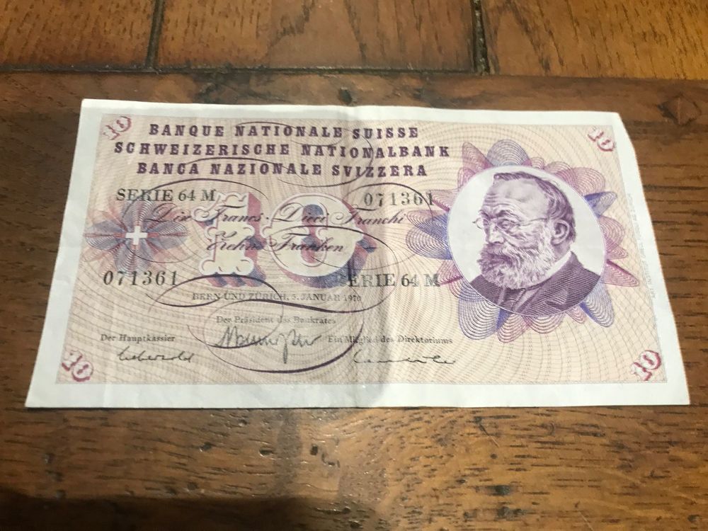Billet suisse 10fr 5.01 1970 banknoten (Gebraucht) in Lajoux JU für CHF ...