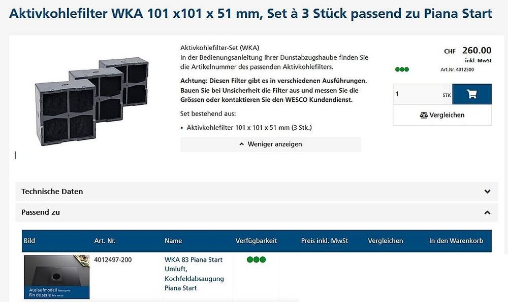 Wesco Aktivkohlefilter Set, WKA 101 x101 x 51 mm (Neu und originalverpackt) in Sachseln für CHF ...