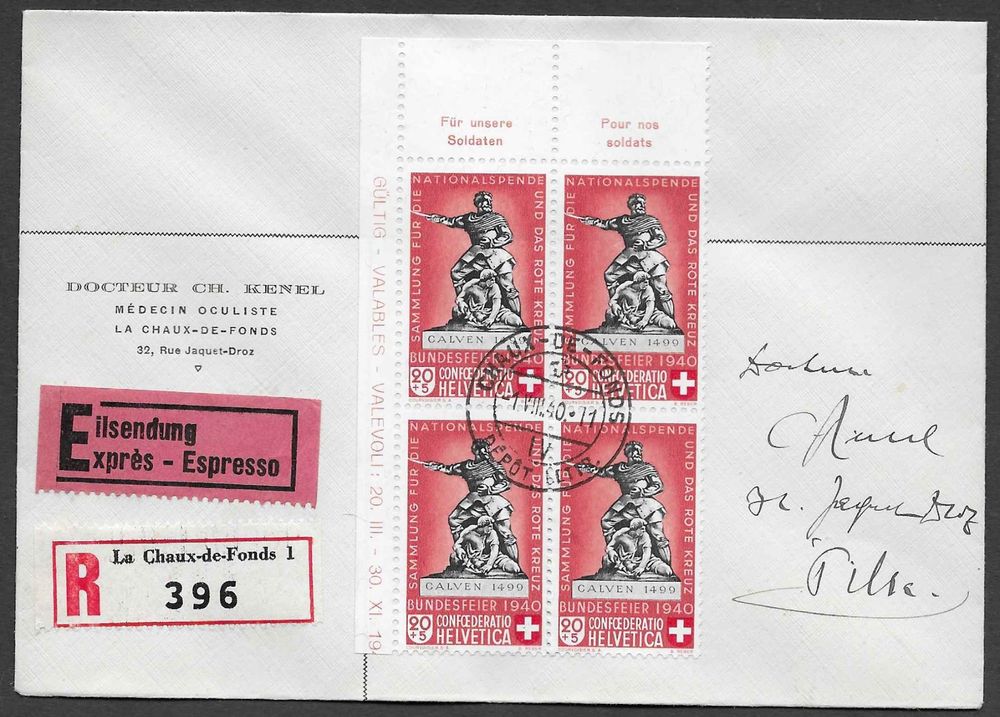 1940: Brief Propa Calven Viererblock Nr.B5 Chaux-de-Fonds (Gebraucht) in Walperswil für CHF 20 ...