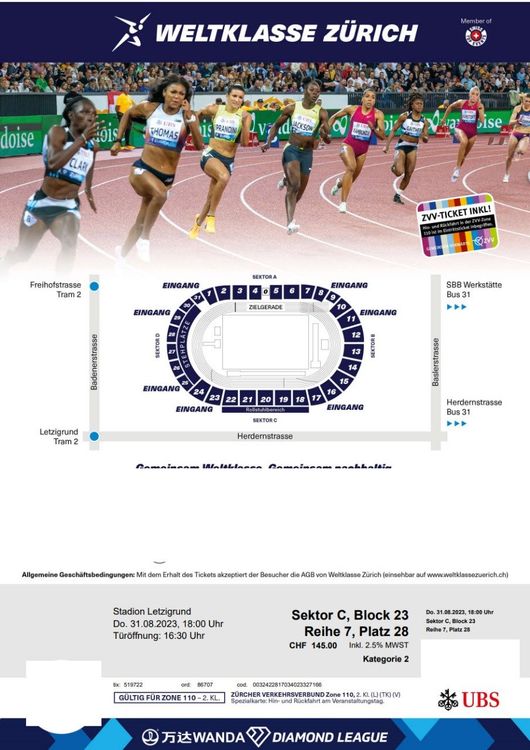 Weltklasse Zürich Ticket Letzigrund 1 Sitzplatz (Gebraucht) in widen ...