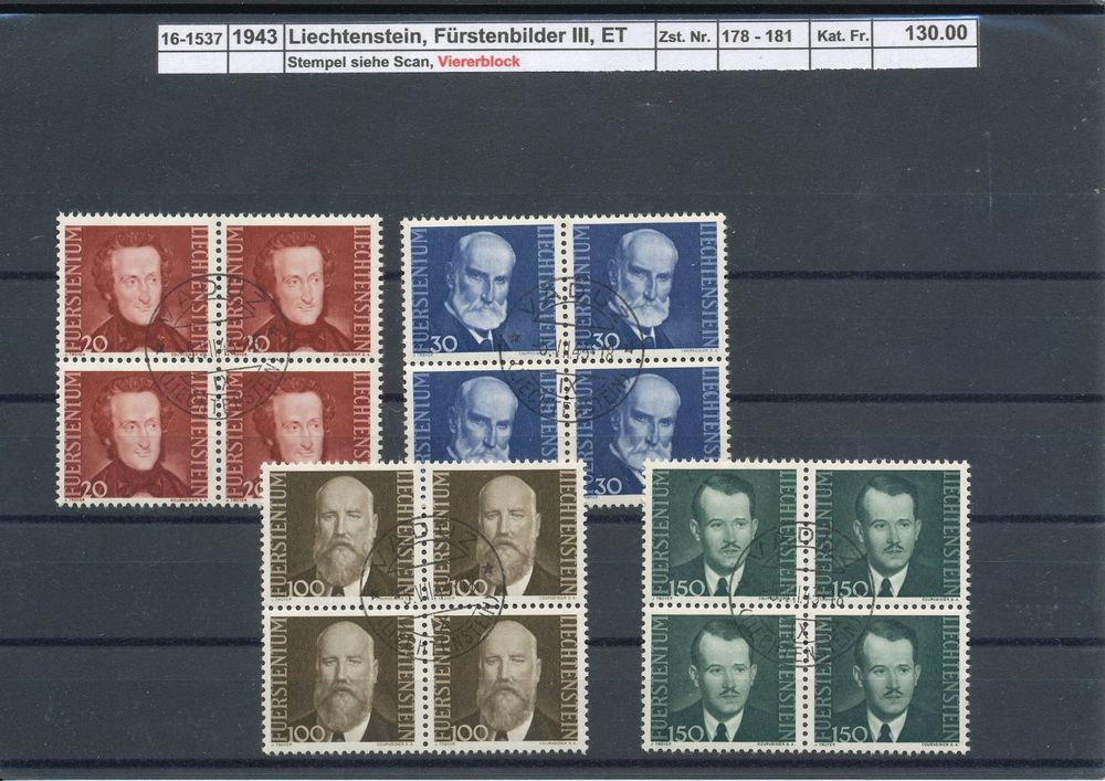 1943 Liechtenstein, Fürstenbilder III - Viererblock | Kaufen auf Ricardo
