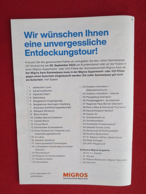 MIGROS AARE-SAMMELPASS, 30 MARKEN NICHT EINGEKLEBT (Neu (gemäss Beschreibung)) in Leuggern für ...