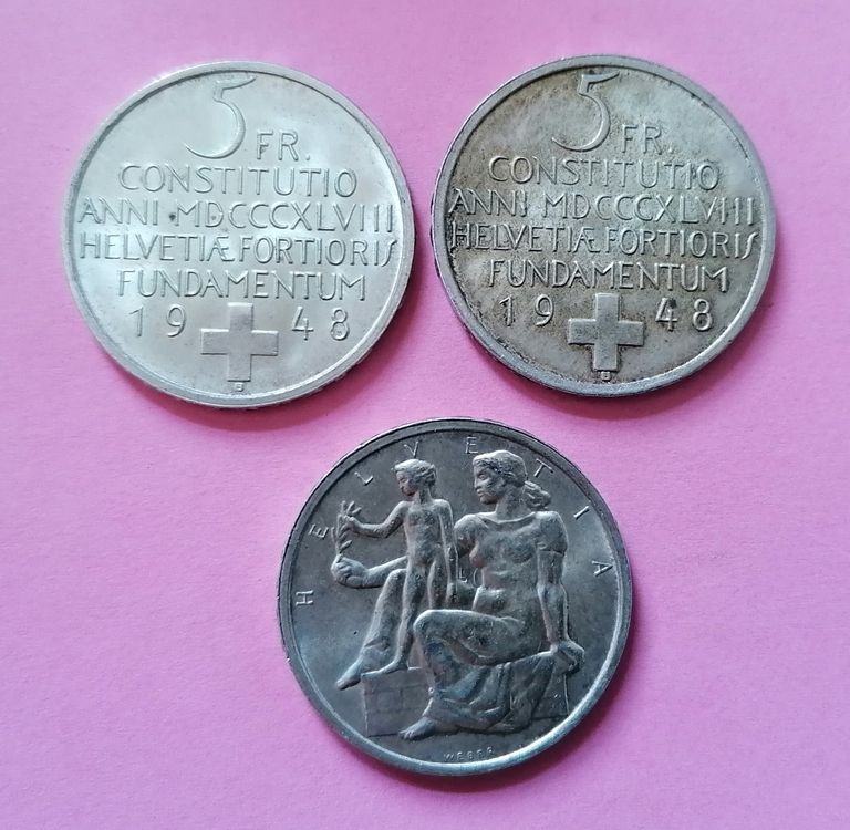 3 Schweizer Gedenkmünzen 5 Fr. 1948 Silber (Gebraucht) in Wigoltingen für CHF 25 – mit Lieferung ...