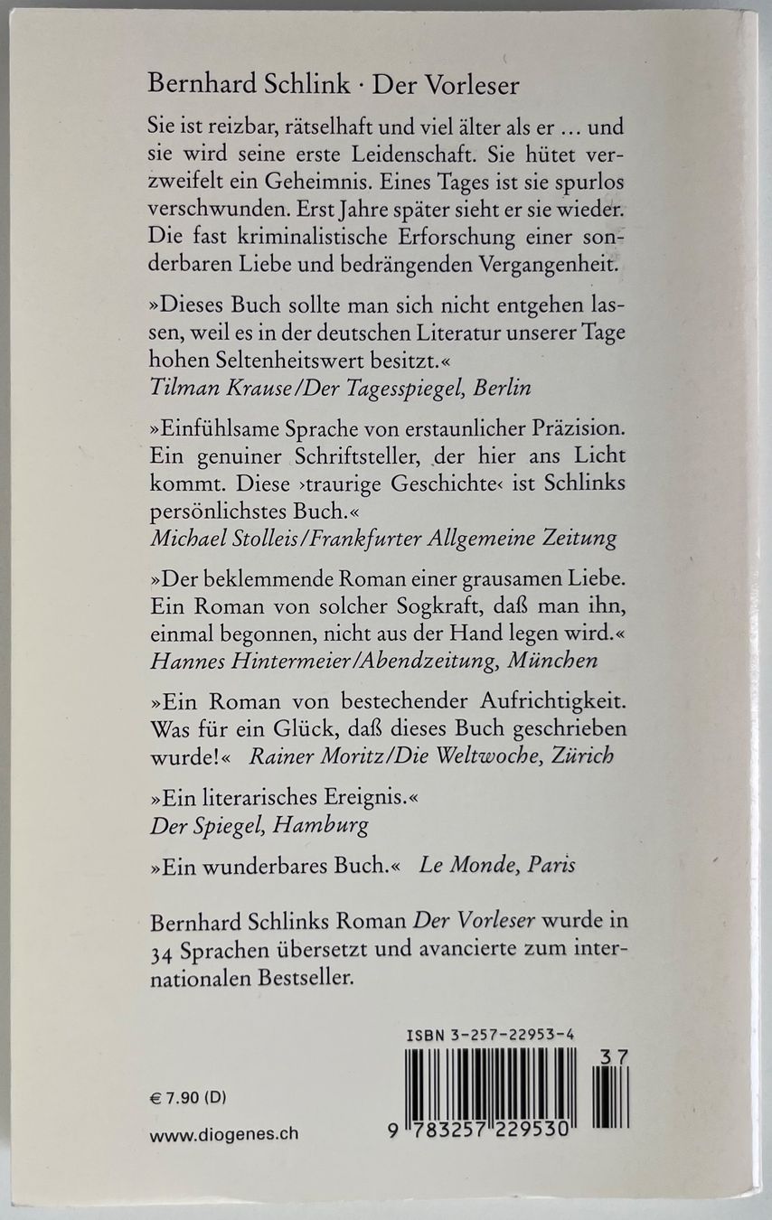 Der Vorleser – Bernhard Schlink – Roman – Diogenes – wie neu (Neu ...