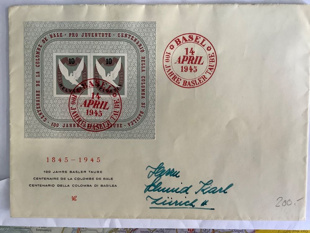 Sonderblock 100 Jahre Basler Taube auf Brief, 14. April 1945 (Gebraucht) in St. Gallen für CHF 6 ...