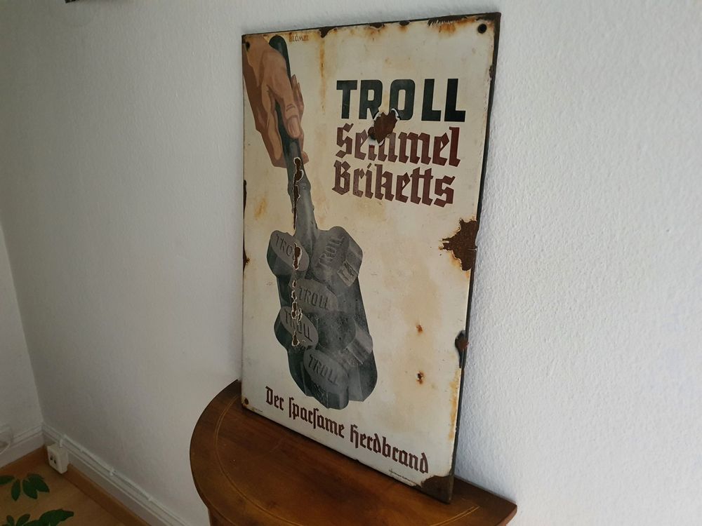 Altes grosses Emailschild Troll Briketts Emaille Schild 30er (Gebraucht ...