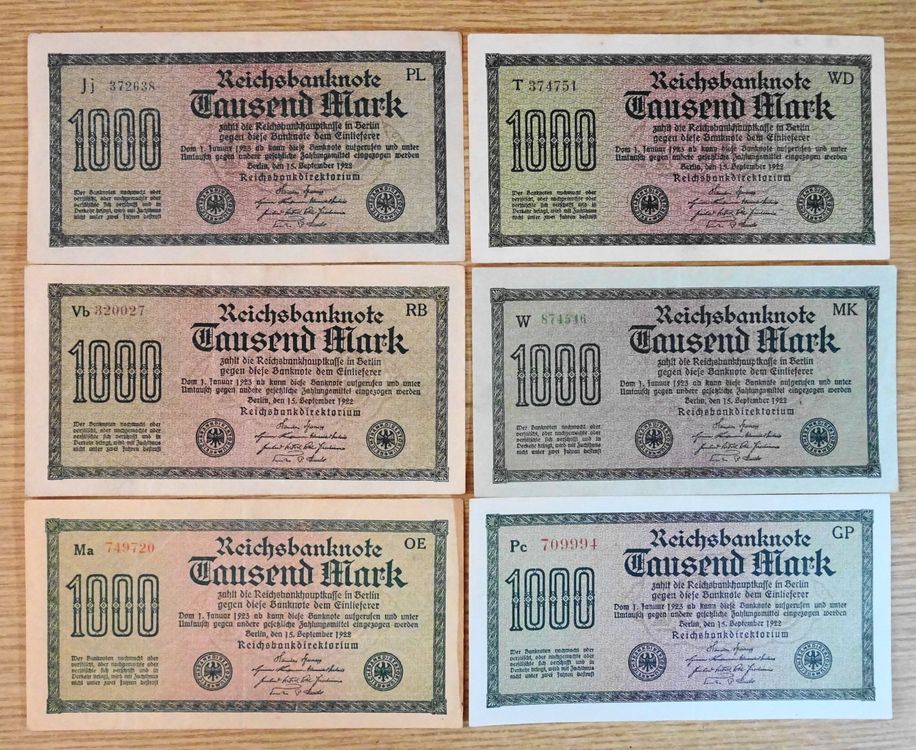 REICHSBANKNOTE 1922, 6x 1000 Mark 5 versch. Wasserzeichen | Kaufen auf ...