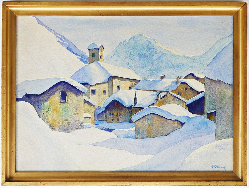 Aquarell Dorf Winterlandschaft signiert! | Kaufen auf Ricardo