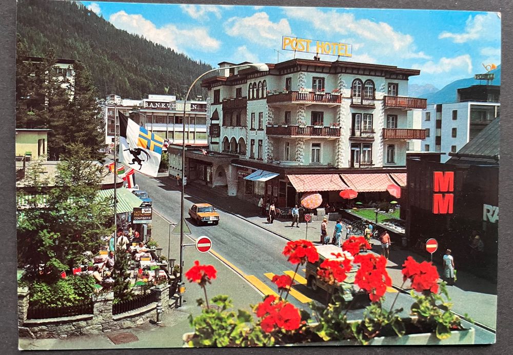 Davos Blick auf die Promenade/Post Hotel/ Oldtimer Auto (Gebraucht) in ...