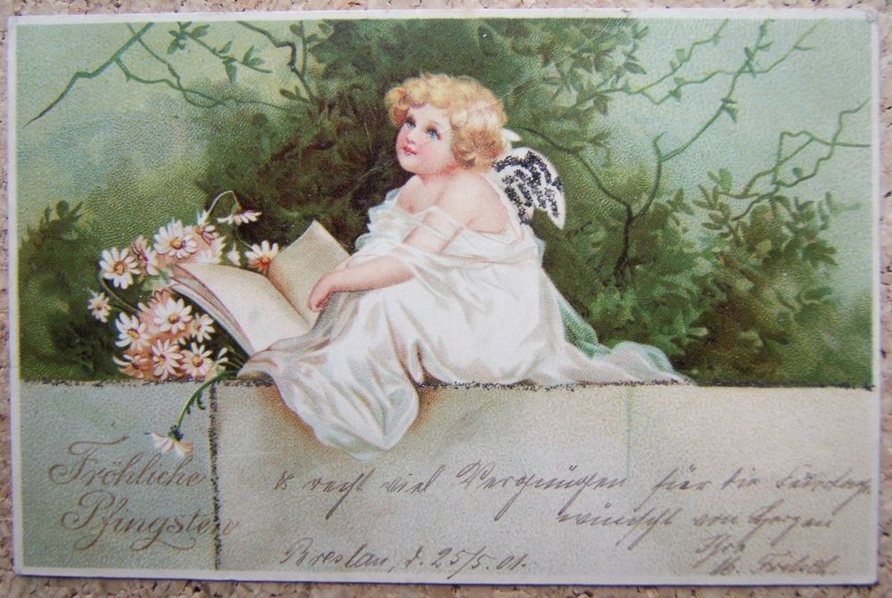 AK FRÖHLICHE PFINGSTEN MIT ENGEL, BUCH UND MARGERITEN 1901 (Gebraucht ...
