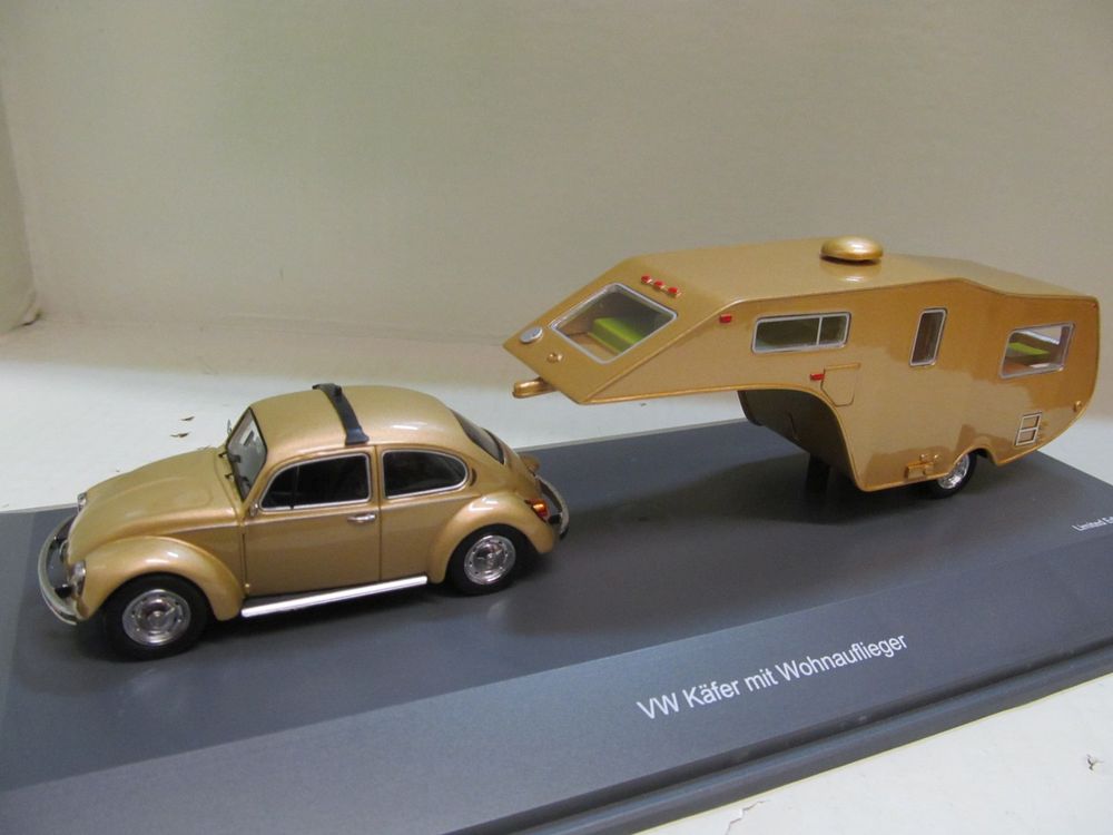 VW KÄFER GOLD MIT WOHNAUFLIEGER 1/500 LIMITED 1:43 TOP (Neu und ...