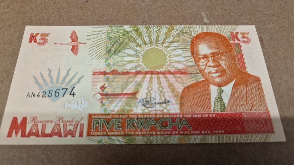 Malawi 5 Kwacha 1995, Zebra, Fisch, Banknote (Neu und originalverpackt ...