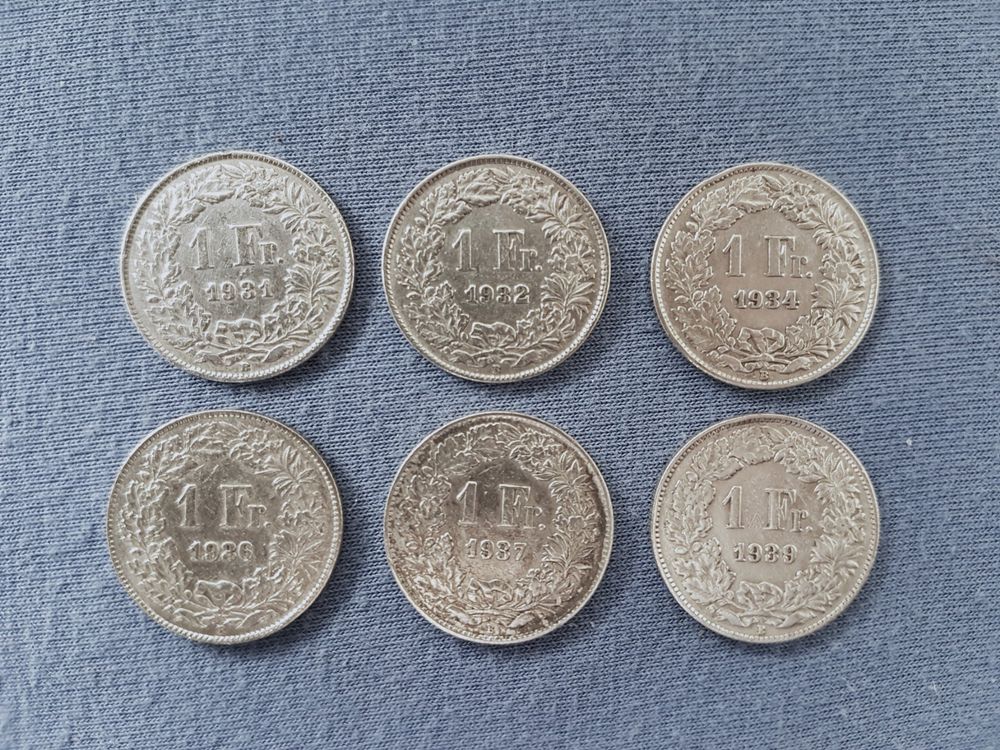 6 x 1 Fr Silbermünzen 1931-1932-1934-1936-1937-1939 ab 1 Fr! (Gebraucht) in Camignolo für CHF 16 ...