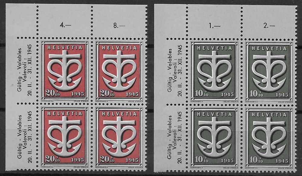 1945: Schweizer Spende Viererblock Serie Nr.W19-W20 ** (Gebraucht) in Walperswil für CHF 1 – mit ...