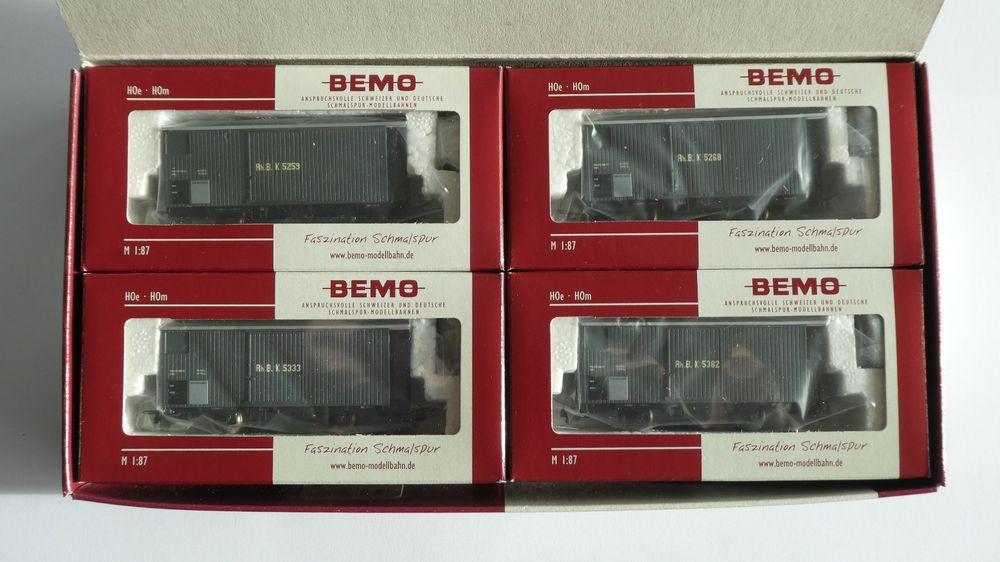 Bemo H0m; Viererset RhB-Güterwagen K grau; Art.-No.7494 100 (Neu und ...