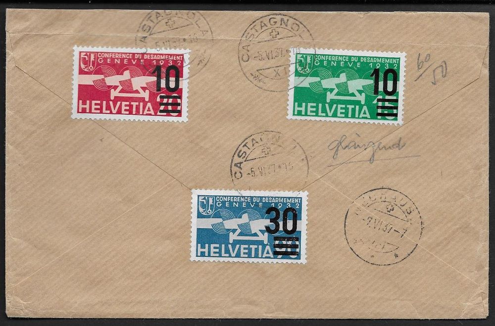 1937 Brief CASTAGNOLA Flugpost Frankatur Rückseite ab 1.- (Gebraucht) in Zürich für CHF 5 – mit ...