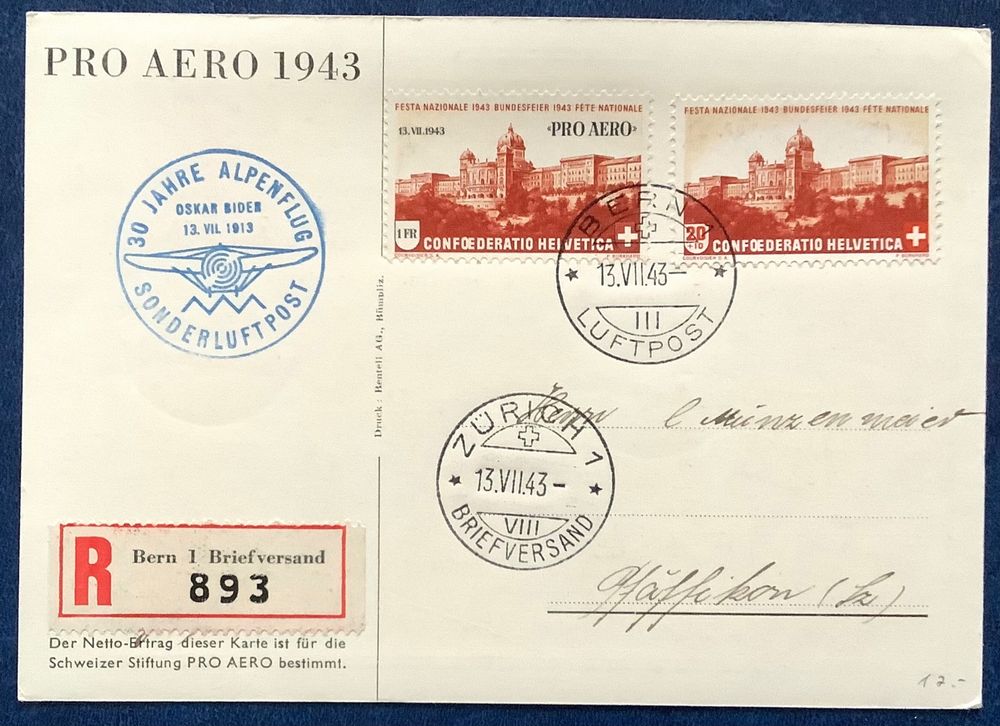 1943 Pro Aero R - Postkarte Oskar Bider 30 Jahre Alpenflug | Kaufen auf Ricardo