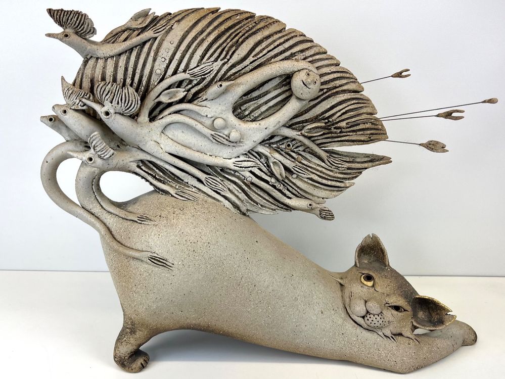 SHOSHANA KNEUBÜHL Katze mit einzigartigem Vögel/Blatt-Dekor | Kaufen auf Ricardo