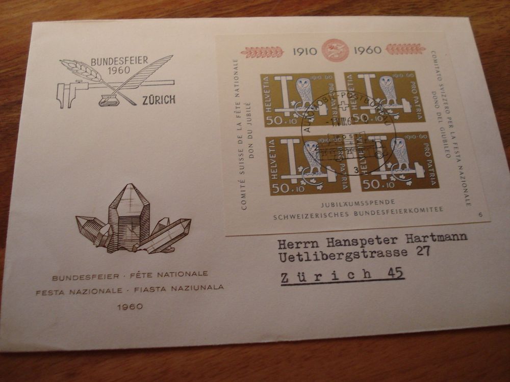 Brief Block Pro Patria 1960, o Bundesfeier Zürich (Gebraucht) in Niederwil AG für CHF 3.4 – mit ...