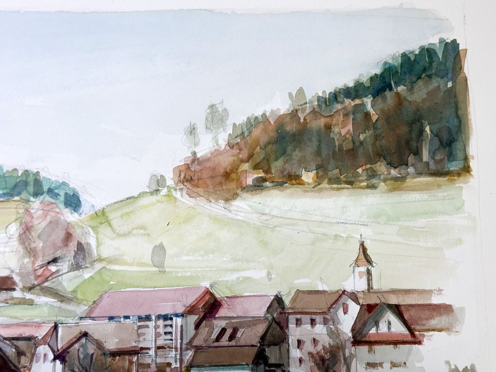 Christoph R. Aerni 1990 Aquarelle sur carton paysage village (Gebraucht) in Morges für CHF 100 ...