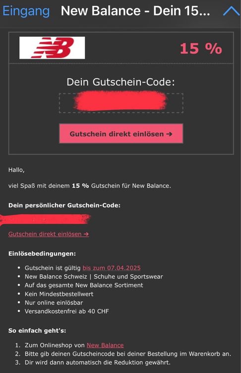 New Balance Gutschein Code 15% (Neu und originalverpackt) in St. Gallen ...