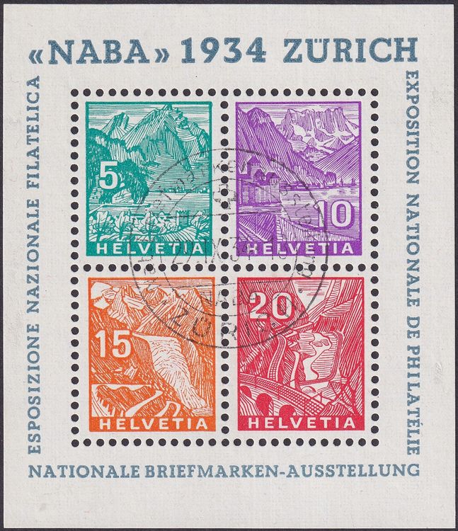 1934 W1 NABA-Block Zürich mit Ersttagsstempel, Kat.:1150.- (Gebraucht ...