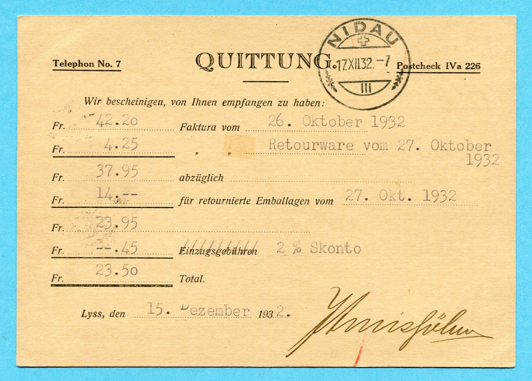 Postkarte von Lyss nach Port 1943 - Abs: J. Arni's Söhne (Gebraucht) in ...