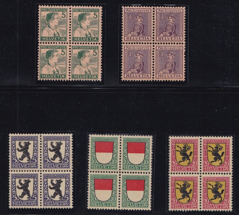 5 Stk. Pro Juventute Viererblocks ab 1915, Postfrisch (Gebraucht) in Münchwilen AG für CHF 16 ...