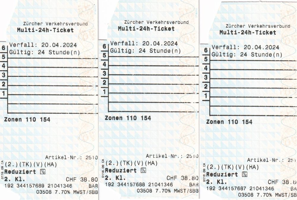 ZVV Multi-24h Tickets (vom Zürcher Verkehrsbund) (Neu (gemäss ...