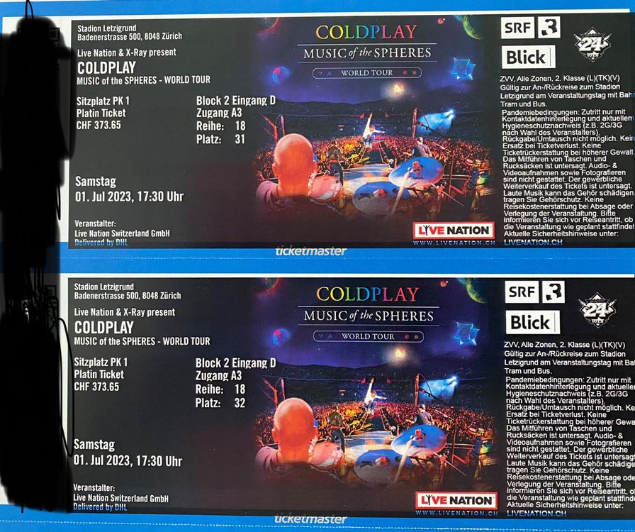 🔝2 Stk. COLDPLAY 01.07. Letzigrund Platin Tickets 🔝 (Neuf (Voir description)) à Egg b. Zürich ...