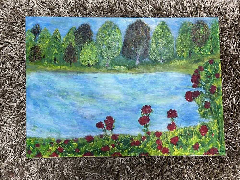 Sommergemälde Rosen am See Landschaftsbild handgemalt Unikat (Neu und originalverpackt) in ...