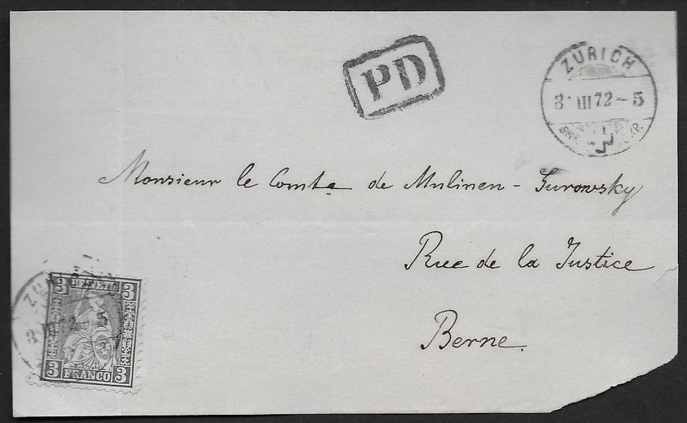 1872 Brief-Vorderseite PD Zürich 3Rp schwarz Nr. 29 ab 1.- (Gebraucht ...