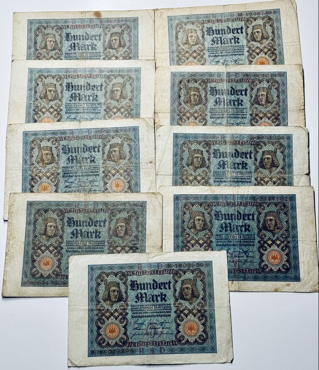 9 x 100 Mark Geldscheine, Reichsbanknoten (Gebraucht) in Langrickenbach ...