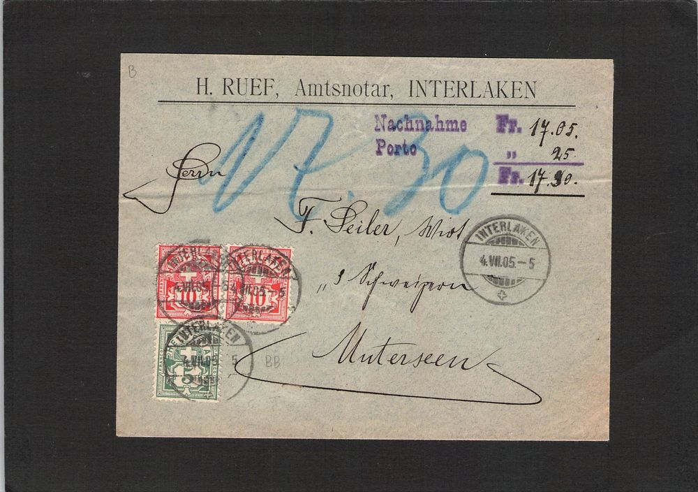 H.Ruef Amtsnotar Interlaken nach Unterseen , 4.Vll.1905 | Kaufen auf Ricardo