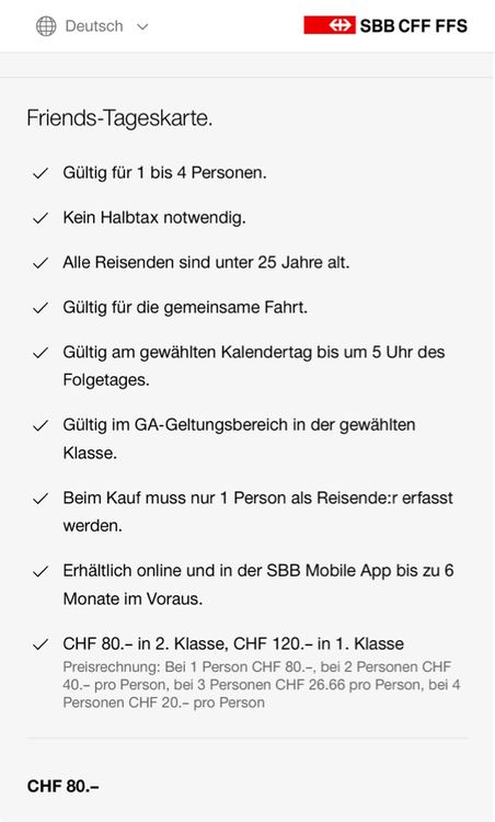 SBB CFF Tageskarte für 4 Jugendlich bis 25 Jahr ohne Halbtax (Neu ...