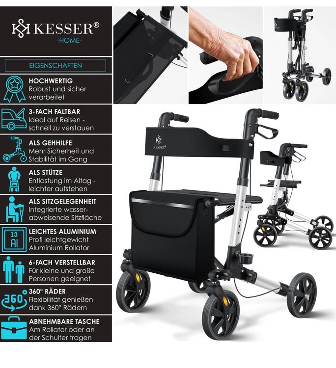 + KESSER® Alu Rollator klappbar Leichtgewicht Schwarz (Neu und ...