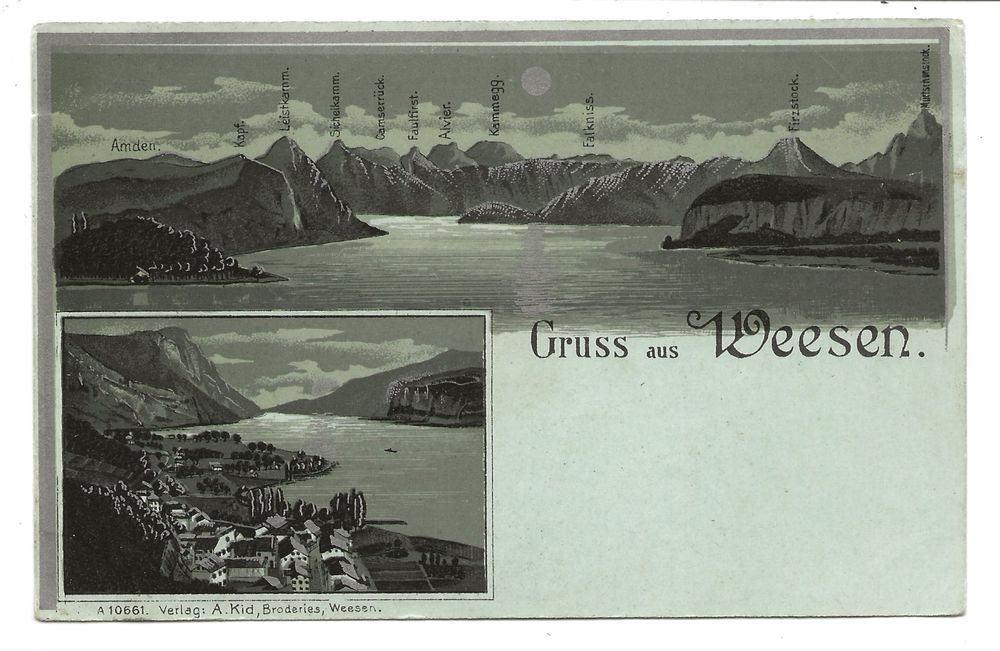 Gruss aus Weesen (SG) Walensee - Mondschein-Litho - um 1900 (Gebraucht) in Engelburg für CHF 18. ...