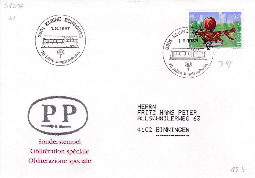 1 Sonderpoststempel Kl. Scheidegg-75 Jahre Jungfraujochbahn (Neu (gemäss Beschreibung)) in ...