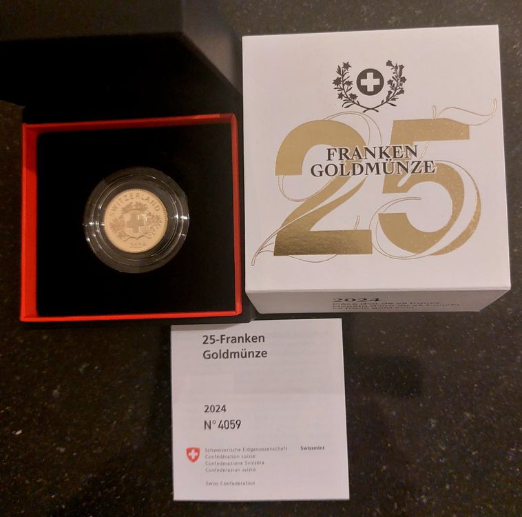 25 Franken Goldmünze, polierte Platte - Jahrgang 2024 (Neu und originalverpackt) in Arch für CHF ...