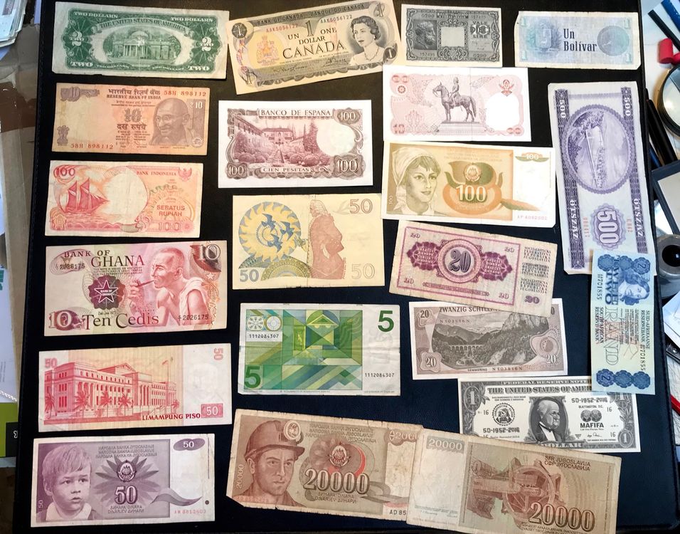 20 antike Banknoten Welt und 1 Fun Note, 2 Dollar USA (Gebraucht) in ...