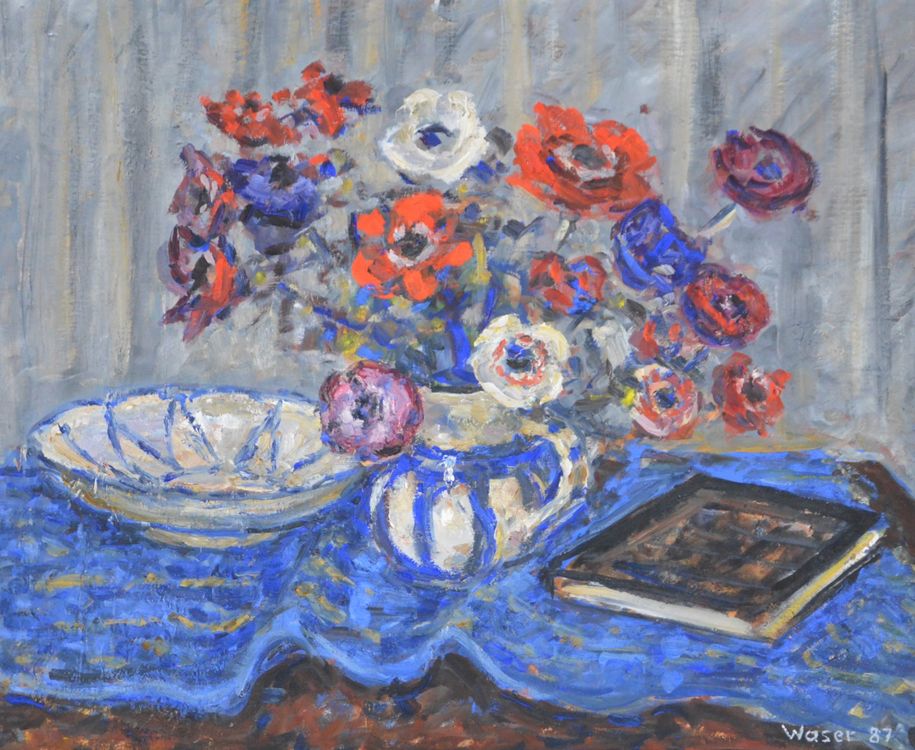 Heini Waser. Anemonen in Vase, 1987. Öl auf Leinwand (Gebraucht) in für ...