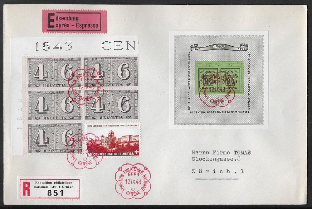 1943 R/Ex. GENFER Block W18 + Nr. 258 Frank. speziell ab 1.- (Gebraucht) in Zürich für CHF 20 ...